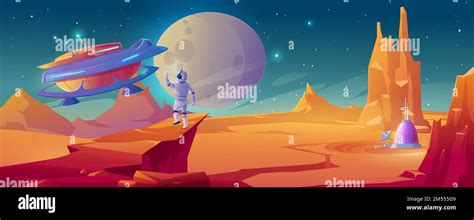 Astronaut On Alien Planet Waving Hand To Spaceship Cosmonaut In Suit
