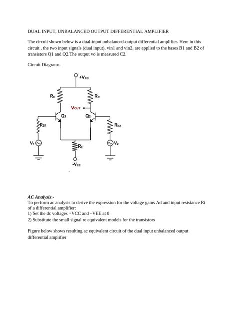 Dual Input Unbalanced Output Ac Analysis Pdf Amplifier Electrical