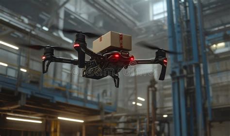 Hovering Delivery Drone With Glowing Red Lights Carrying A Cargo Box