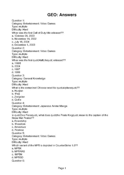 GEO Pset GEO Pset GEO Answers Question Category Entertainment Video Games