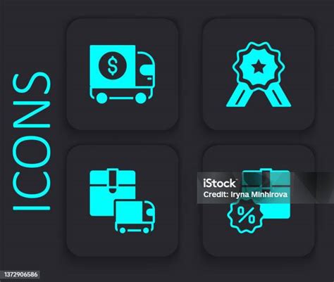 할인 장갑 트럭 별 등급 및 배달화물 아이콘으로 골판지 상자를 설정합니다 검은 색 사각형 버튼 벡터 가격에 대한 스톡 벡터 아트 및 기타 이미지 Istock