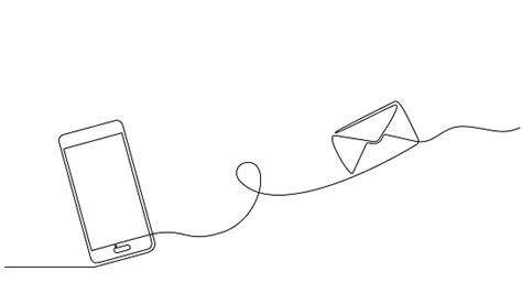 스마트 폰에서 채팅 메시지의 연속 한 줄 그리기 비행 봉투로 인스턴트 메시지를 보내는 스마트 폰 장치 개념 낙서 스타일의 휴대 전화 대화 플랫 일러스트 레이 션 벡터 한붓