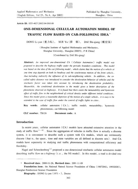 Pdf One Dimensional Cellular Automaton Model Of Traffic Flow Based On Car Following Idea