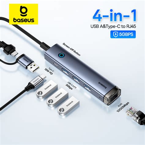 Baseus Usb Hub Type C Usb A Adapter To Usb 3 0 5gbps Data Transfer Rj45 Gigabit Ethernet 4 In 1