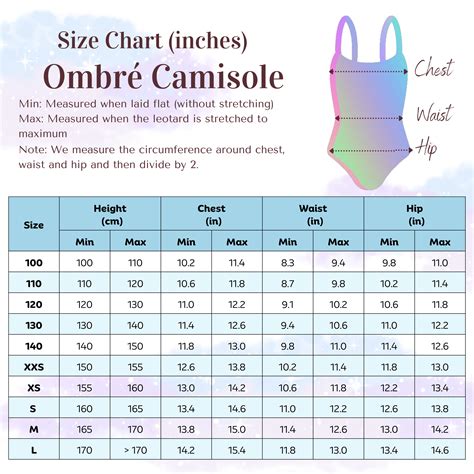 Size Chart For Ombre Camisole In Yu Wear