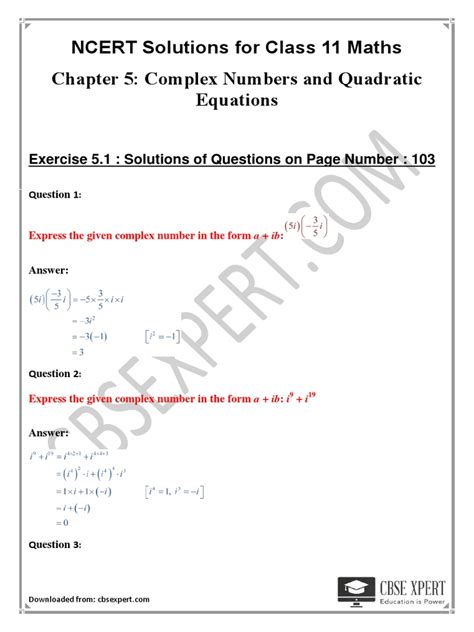 Ncert Solutions For Class 11 Maths Chapter 05 Complex Numbers And Quadratic Equations Pdf