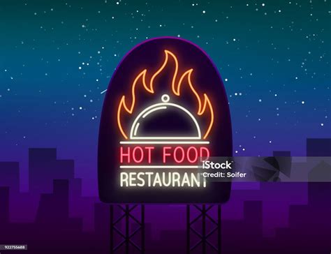 뜨거운 음식 레스토랑 네온 사인 로고의 로고 상징 벡터 일러스트 레이 션을 격리 밝은 빛나는 간판 이 로고는 레스토랑 매운 요리 바베 큐 파티 및 훨씬 더에 적합 합니다