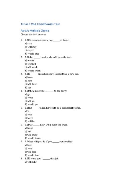 1st And 2nd Conditionals Test Multiple Choice And Exercises Studocu
