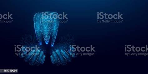 두 사람의 손이 치아를 잡고 있습니다 추상 와이어프레임 낮은 폴리 스타일 배너 치과 서비스 치아 치료 치과 치료 구강 개념 진한 파란색 배경입니다 벡터 그림 치아 건강에