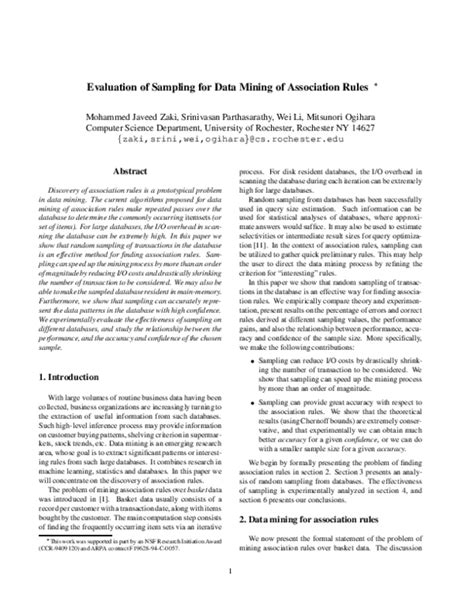 Pdf Evaluation Of Sampling For Data Mining Of Association Rules