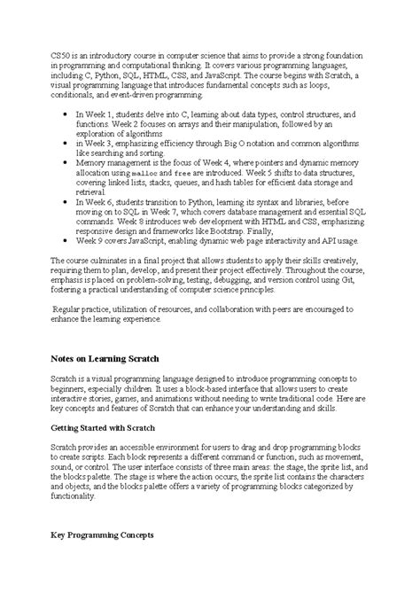 Cs50 Scratch Summary Cs50 Is An Introductory Course In Computer Science That Aims To Provide A