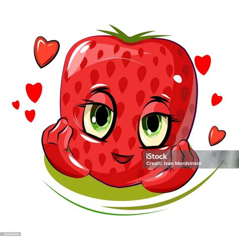 딸기 쾌활한 미소 총구와 육즙 레드 베리 만화 스타일 흰색 배경 위에 격리 벡터 그림입니다 0명에 대한 스톡 벡터 아트 및 기타