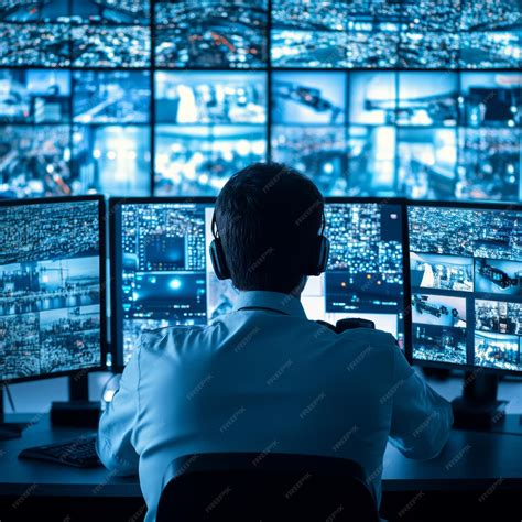 Security Guard Monitoring Multiple Screens Displaying Surveillance