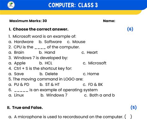 30 Marks Computer Question Paper For Class 3
