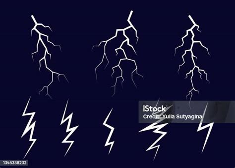 번개 천둥 볼트 동안 정전기 방전 검은 하늘에 다른 흰색 라인 번개 또는 천둥의 자연 현상의 컬렉션 벡터 일러스트레이션 번개에 대한 스톡 벡터 아트 및 기타 이미지 Istock