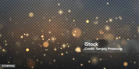 크리스마스 배경입니다 파우더 더스트 마법의 보케는 금가루로 빛납니다 투명한 배경에 작고 사실적인 눈부심 카드 초대장 배경 화면 보호기를 위한 디자인 요소 0명에 대한 스톡