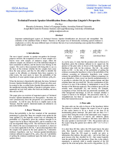 Pdf Technical Forensic Speaker Identification From A Bayesian Linguists Perspective Phil