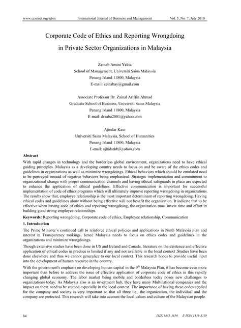 PDF Corporate Code Of Ethics And Reporting Wrongdoing In Private Sector Organizations In Malaysia
