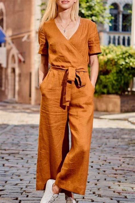 Paneled Solid Cross Front V Neck Casual Jumpsuit Immorgo Kleding