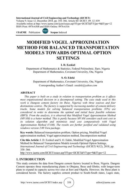 Modified Vogel Approximation Method For Balanced Transportation Models