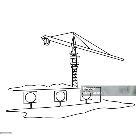 냉각수 펌프의 작동 크레인은 연속 라인 아트 드로잉 스타일의 산업용 발전소를 수용합니다 흰색 배경에 격리된 미니멀리스트 블랙