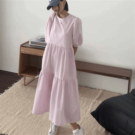 블랑 캉캉 원피스 여름루즈핏오버핏박시맥시롱a라인플레어티어드반팔벌룬퍼프소매라운드넥셔링주름언발