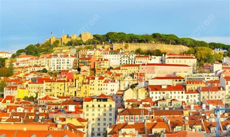 일몰 포르투갈의 언덕 꼭대기에 리스본 성이 있는 리스본의 파노라마 사진 배경 및 무료 다운로드를위한 그림 Pngtree