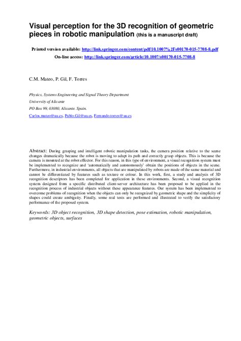 Pdf Visual Perception For The 3d Recognition Of Geometric Pieces In Robotic Manipulation