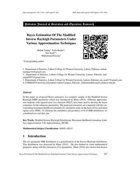 Pdf Bayes Estimation Of The Modified Inverse Rayleigh Parameters Under Various Approximation