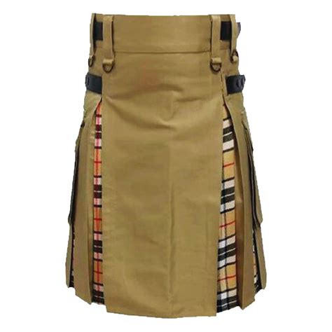 Khaki Cotton Kilt With Tartan Inset The Kilt Shop