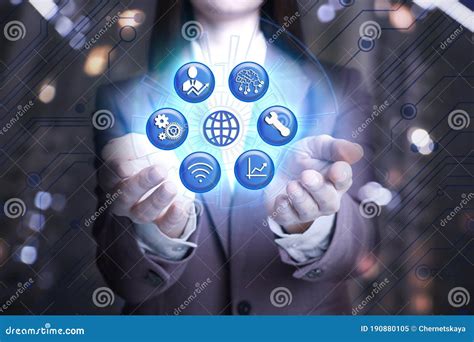 Woman Demonstrating Machine Learning Model With Different Icons Stock