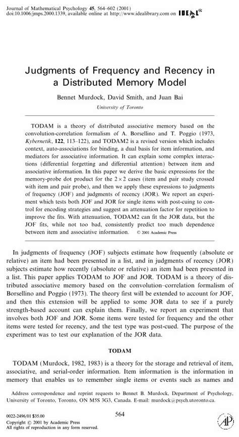 Pdf Judgments Of Frequency And Recency In A Distributed Memory Model