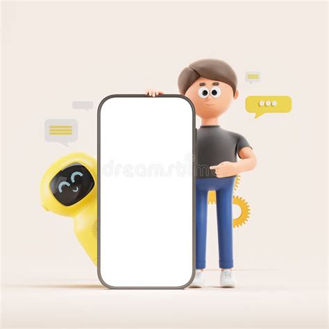 3d Rendering Cartoon Man With Large Mock Up Phone Online Chatbot