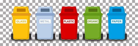 재활용에 적합한 종이 플라스틱 유리와 유기 폐기물이 있는 다른 색깔의 쓰레기통 분리 폐기물 분류 쓰레기 폐기물 관리 흰색 배경 벡터 그림 프리미엄 벡터