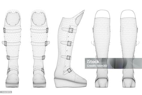 흰색 배경에 고립 된 검은 선의 걸쇠가있는 하이 부츠의 와이어 프레임으로 설정됩니다 전면 측면 후면보기 3d 벡터 일러스트레이션 0명에 대한 스톡 벡터 아트 및 기타 이미지