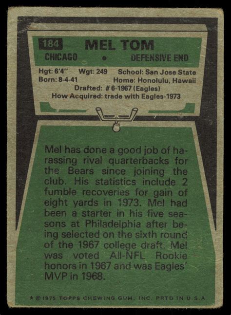 1975 Topps 184 Mel Tom Chicago Bears Ebay