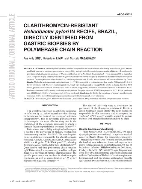 Pdf Clarithromycin Resistant Helicobacter Pylori In Recife Brazil Directly Identified From