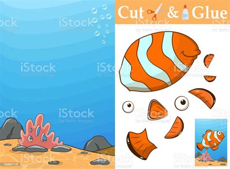 시료에 대한 아플리케 귀여운 바다 물고기를 만듭니다 다채로운 배경에 이미지와 접착제의 일부를 잘라 연습 기술 모터 계획 시퀀싱 절단 고집에 딱 맞는 워크 시트 활동 퍼즐에