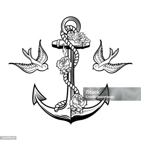 선원 정신 그런지 배경에 장미와 새들이 있는 닻 올드 스쿨 문신 스타일 앵커입니다 벡터 그림입니다 고풍스런에 대한 스톡 벡터