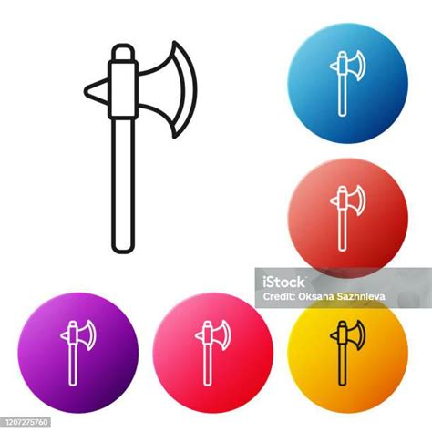 흰색 배경에 격리 된 검은 선 중세 도끼 아이콘입니다 전투 도끼 실행자 도끼 아이콘 다채로운 원 버튼을 설정합니다 벡터 일러스트레이션 강철에 대한 스톡 벡터 아트 및 기타