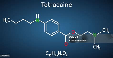 테트라케인 아메타케인 분자 그것은 안과에서 널리 사용되는 국소 마취제입니다 짙은 파란색 배경의 구조적 화학 포뮬러 0명에 대한