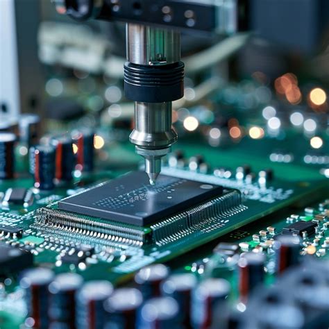 Macro Of Microchip On Circuit Board In Electronics Manufacturing Premium Ai Generated Image