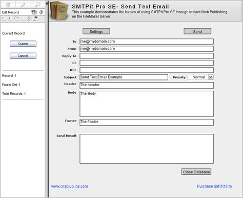 CNS Plug Ins SMTPit Pro Server Edition Send Text Email