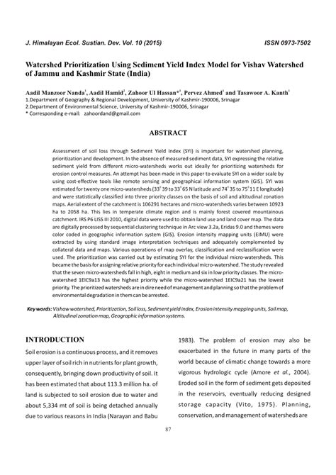 Pdf Watershed Prioritization Using Sediment Yield Index Model For