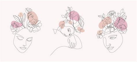 여성의 벡터 세트는 꽃과 잎이 있는 신체 라인 아트 그림 로고에 직면하고 여성적인 자연 개념을 사용합니다 인쇄용 문신 포스터 섬유 로고타입 카드 등에 사용됩니다 아름다운