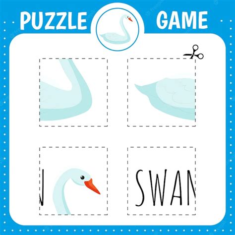 아이들을 위한 퍼즐 게임 자르기 연습 교육 워크시트 개발 활동 페이지 백조 자르고 붙이기 프리미엄 벡터