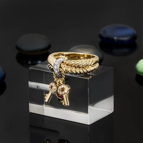 Yellow Gold Ruby And Diamond Key And Lock Ring Rich Diamonds