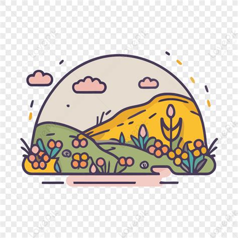 산과 꽃이 있는 풍경의 선 그림 벡터우수이ui