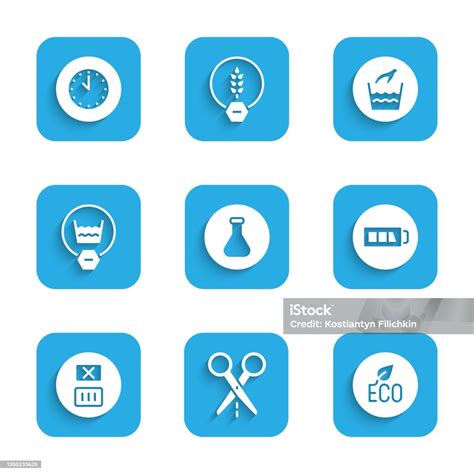 테스트 튜브와 플라스크 컷 라인가위 잎 에코 기호 배터리 온도 세척 섬세한 손 세탁 및 시계 아이콘을 설정합니다 벡터 90에 대한 스톡 벡터 아트 및 기타 이미지 Istock