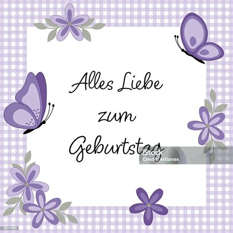 Alles Liebe Zum Geburtstag 독일어 텍스트 생일 축하합니다 체크 무늬 프레임에 꽃과 나비가 있는 보라색 음영의 정사각형 인사말 카드 꽃 꽃의 구조에 대한